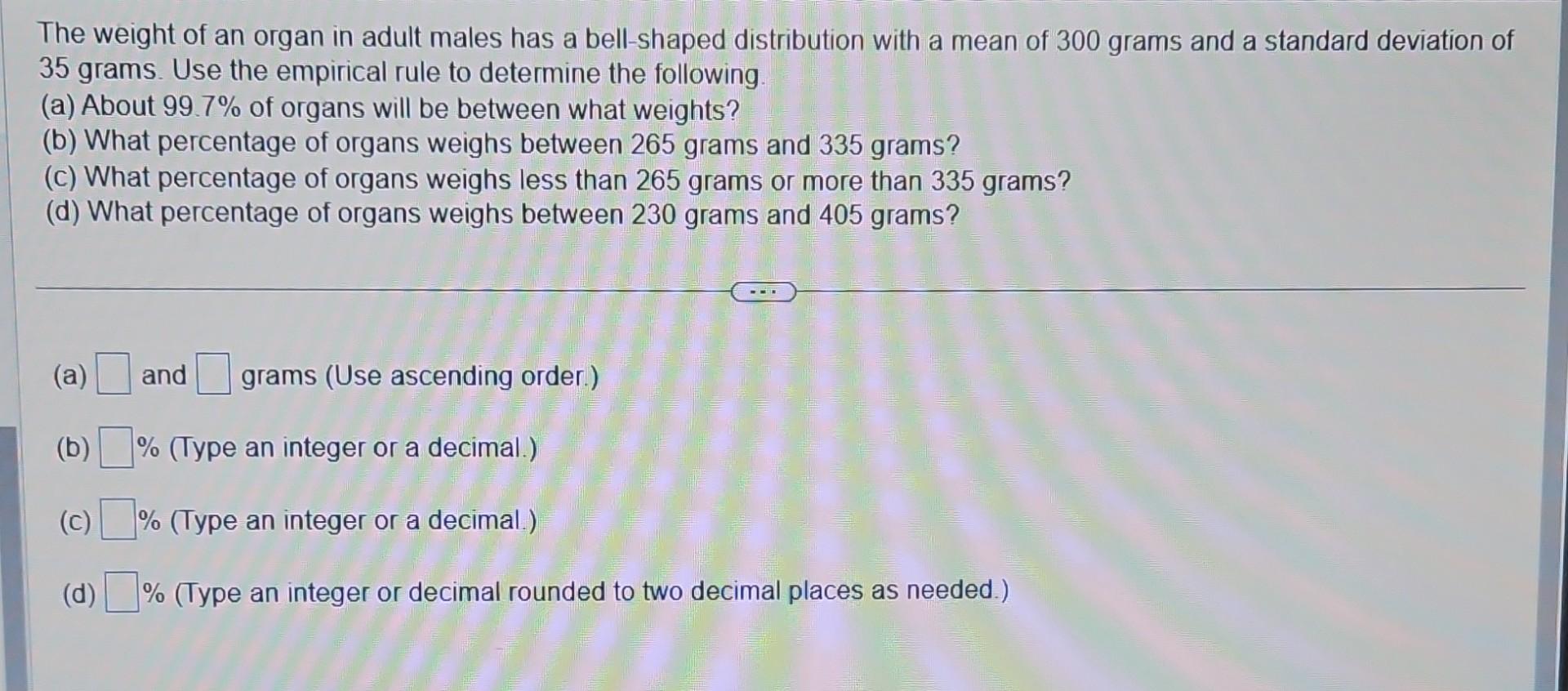 Solved The weight of an organ in adult males has a | Chegg.com