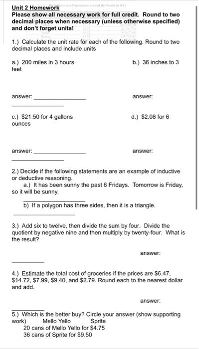 Solved Unit 2 Homework Please show all necessary work for | Chegg.com