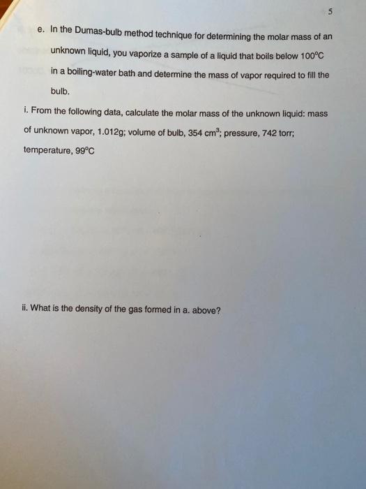 Solved e. In the Dumas-bulb method technique for determining | Chegg.com