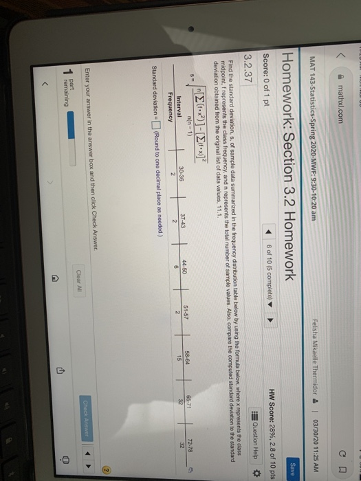 Solved mathxl.com Save MAT 143-Statistics-Spring 2020-MWP: | Chegg.com