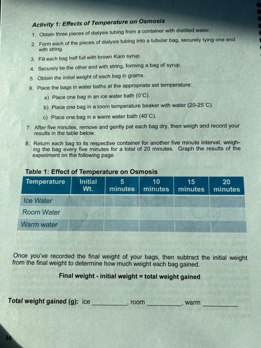 Activity 1: Effects of Temperature on Osmosis 1. | Chegg.com