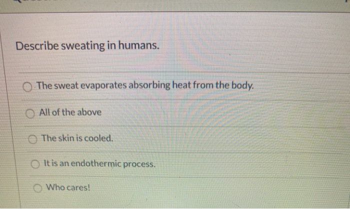Solved Describe sweating in humans. The sweat evaporates | Chegg.com