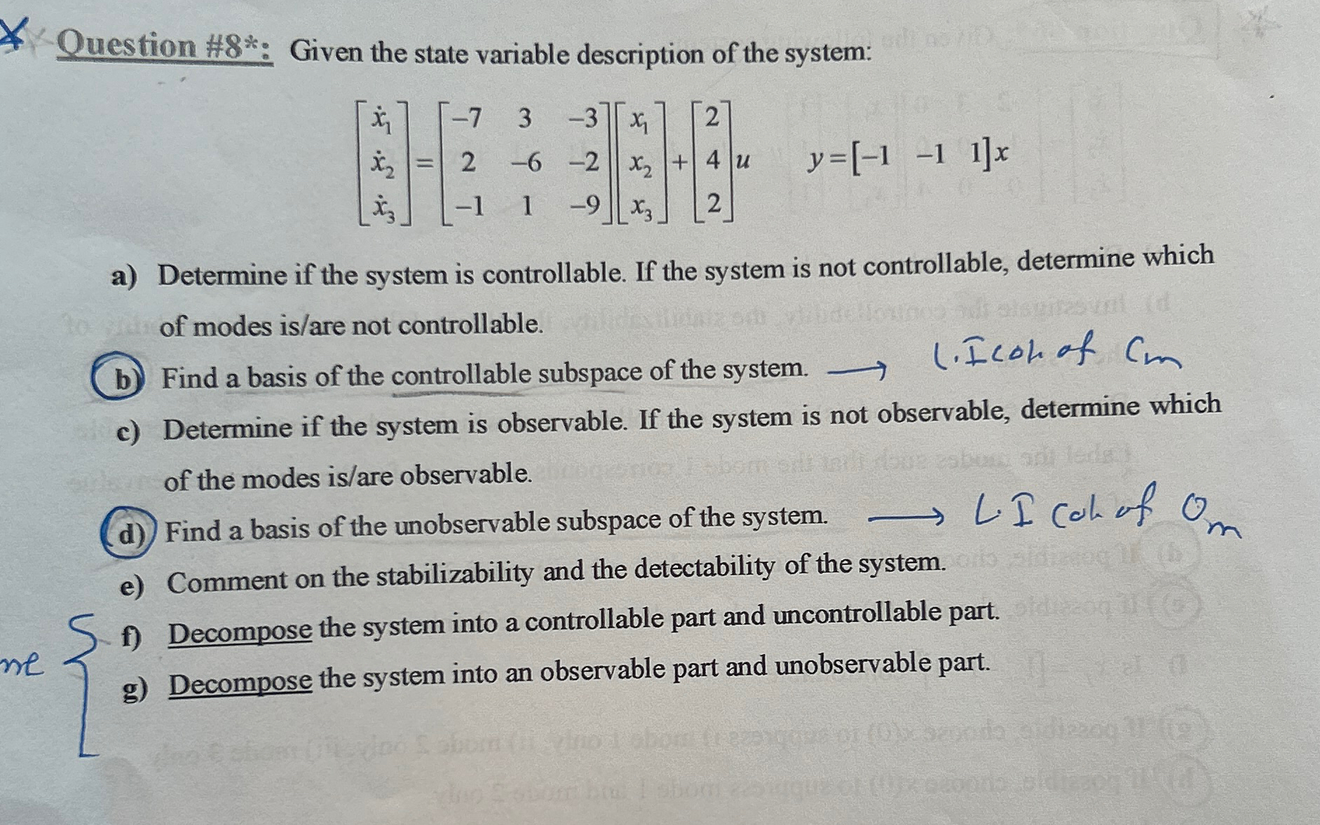 Solved Question #8*: Given the state variable description of | Chegg.com