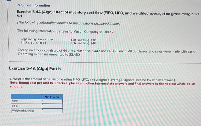 Solved Required information Exercise 5-4A (Algo) Effect of | Chegg.com
