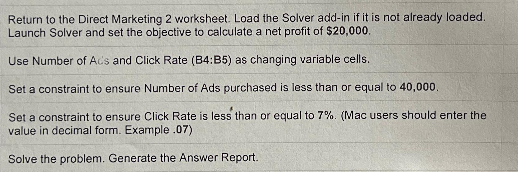 Solved Return to the Direct Marketing 2 ﻿worksheet. Load the | Chegg.com
