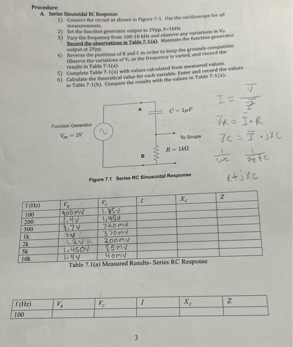 Procedure: A. Series Sinusoldal RC Response 1) | Chegg.com