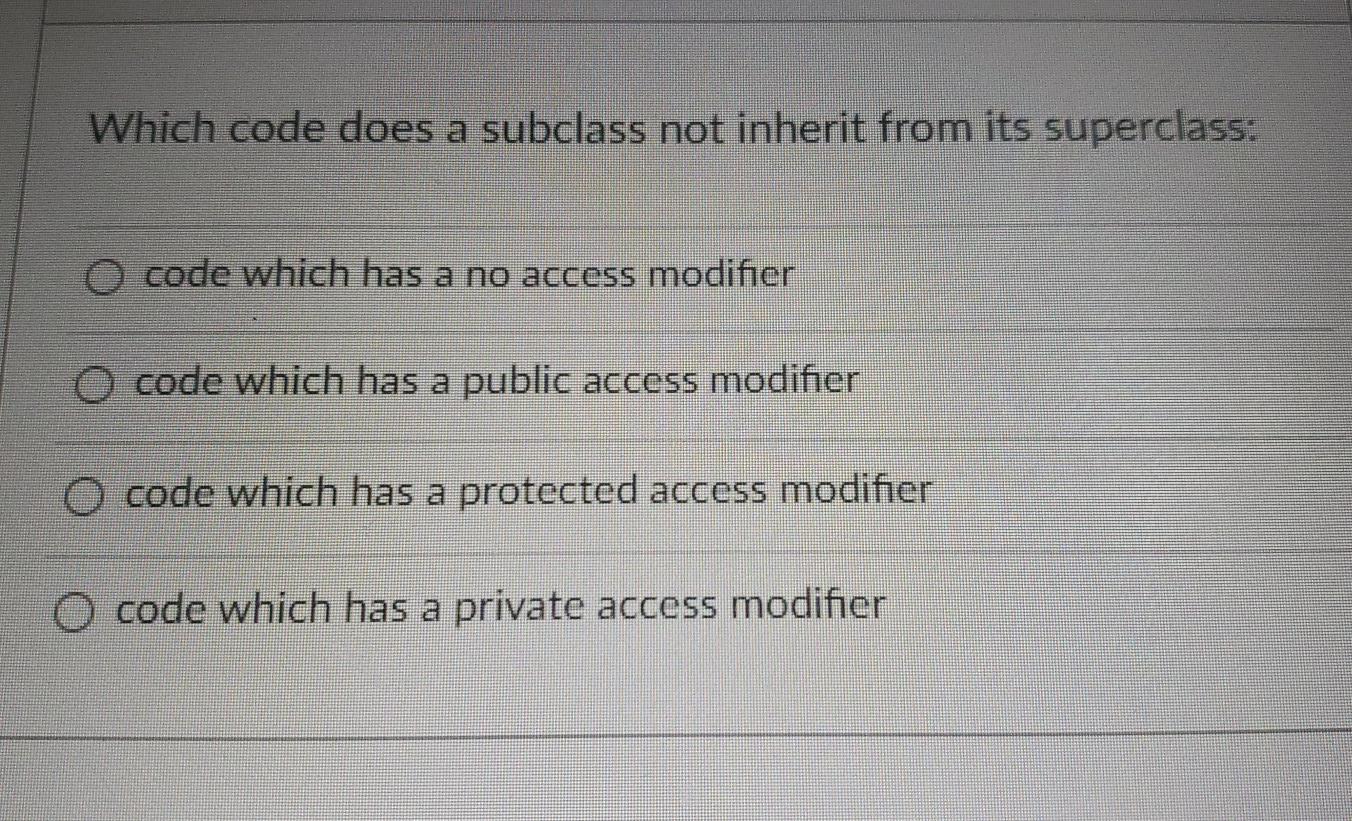 Solved Which code does a subclass not inherit from its | Chegg.com