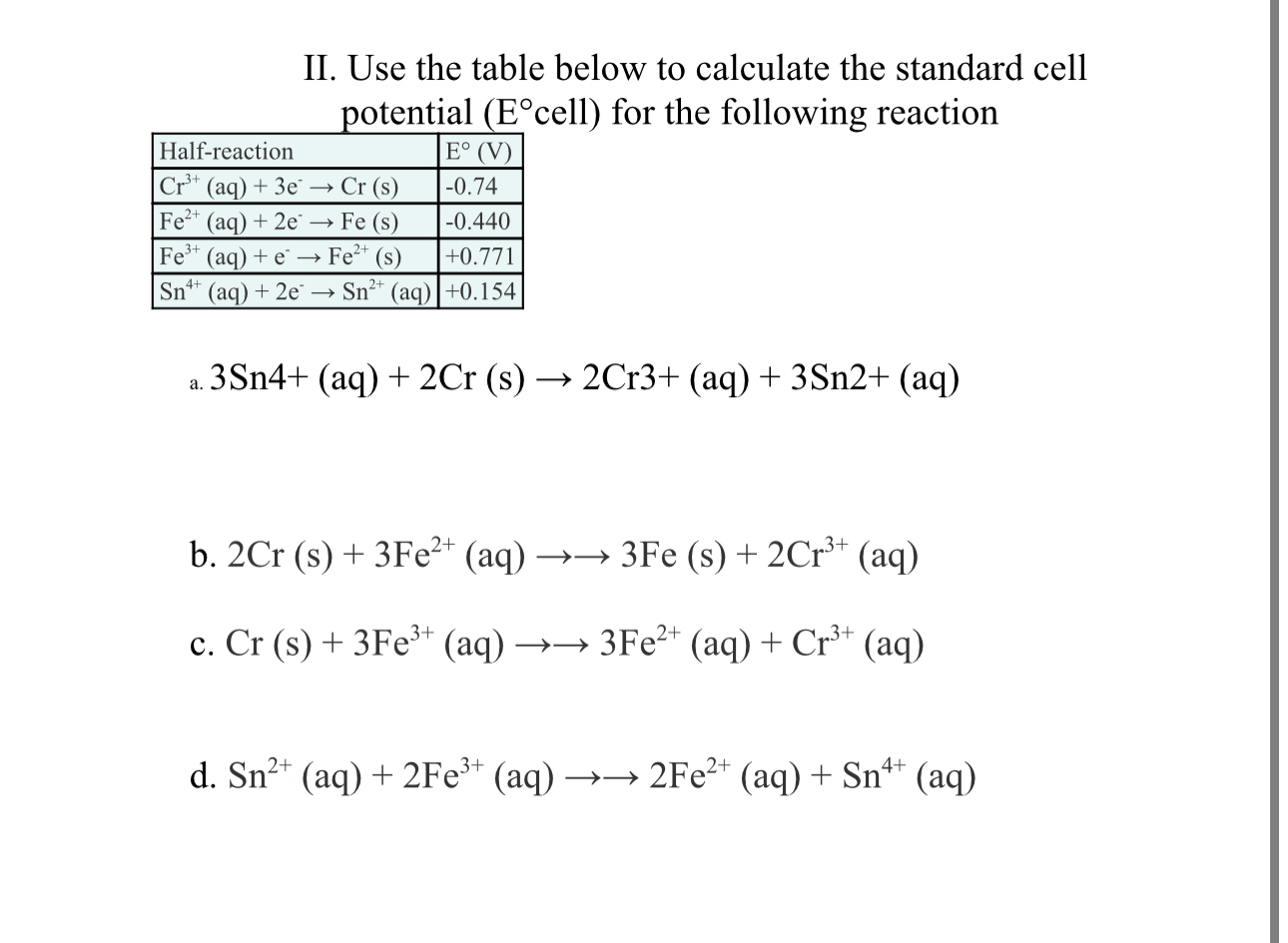 Solved II. ﻿Use the table below to calculate the standard | Chegg.com