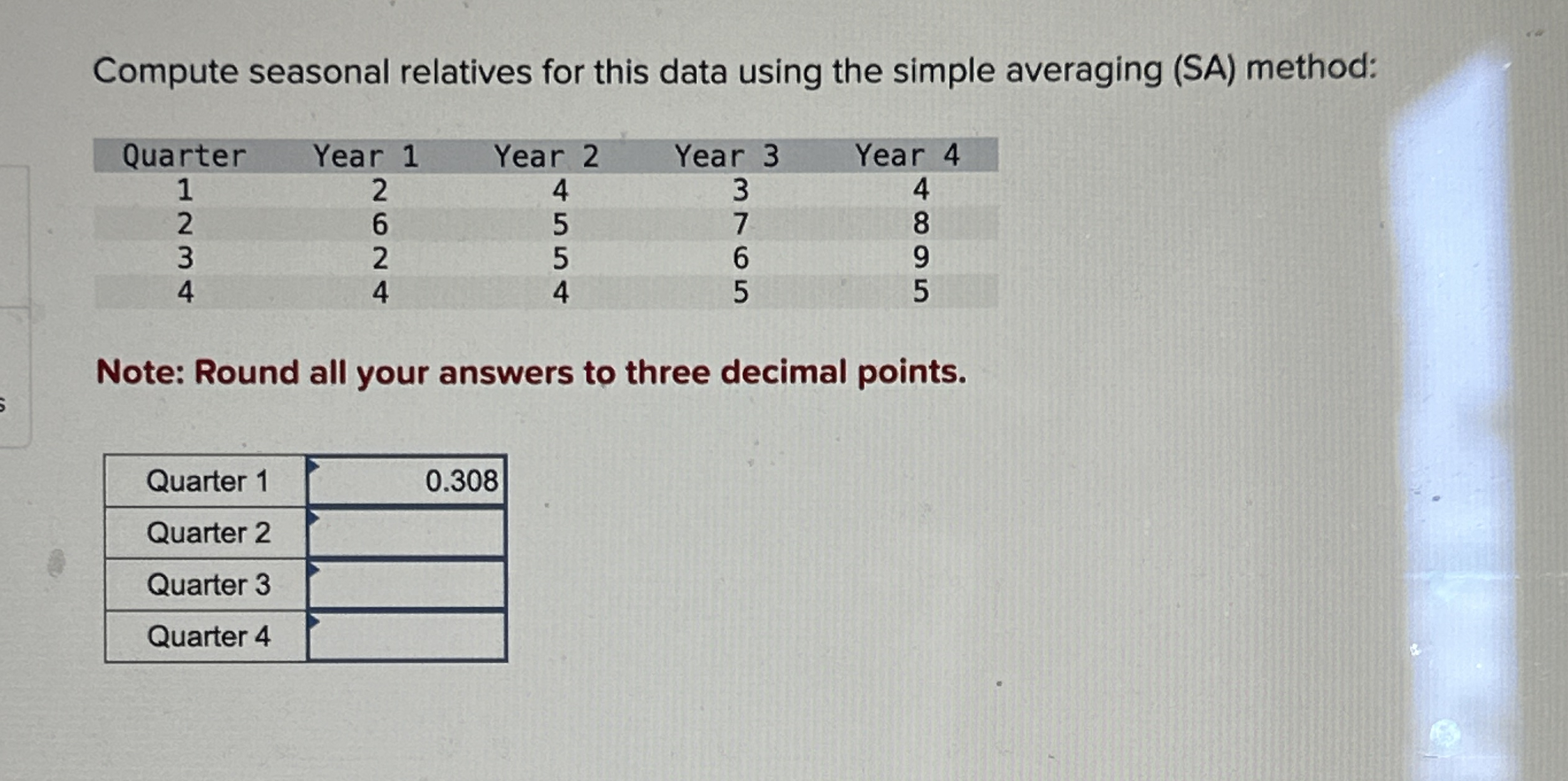 Solved Compute seasonal relatives for this data using the | Chegg.com