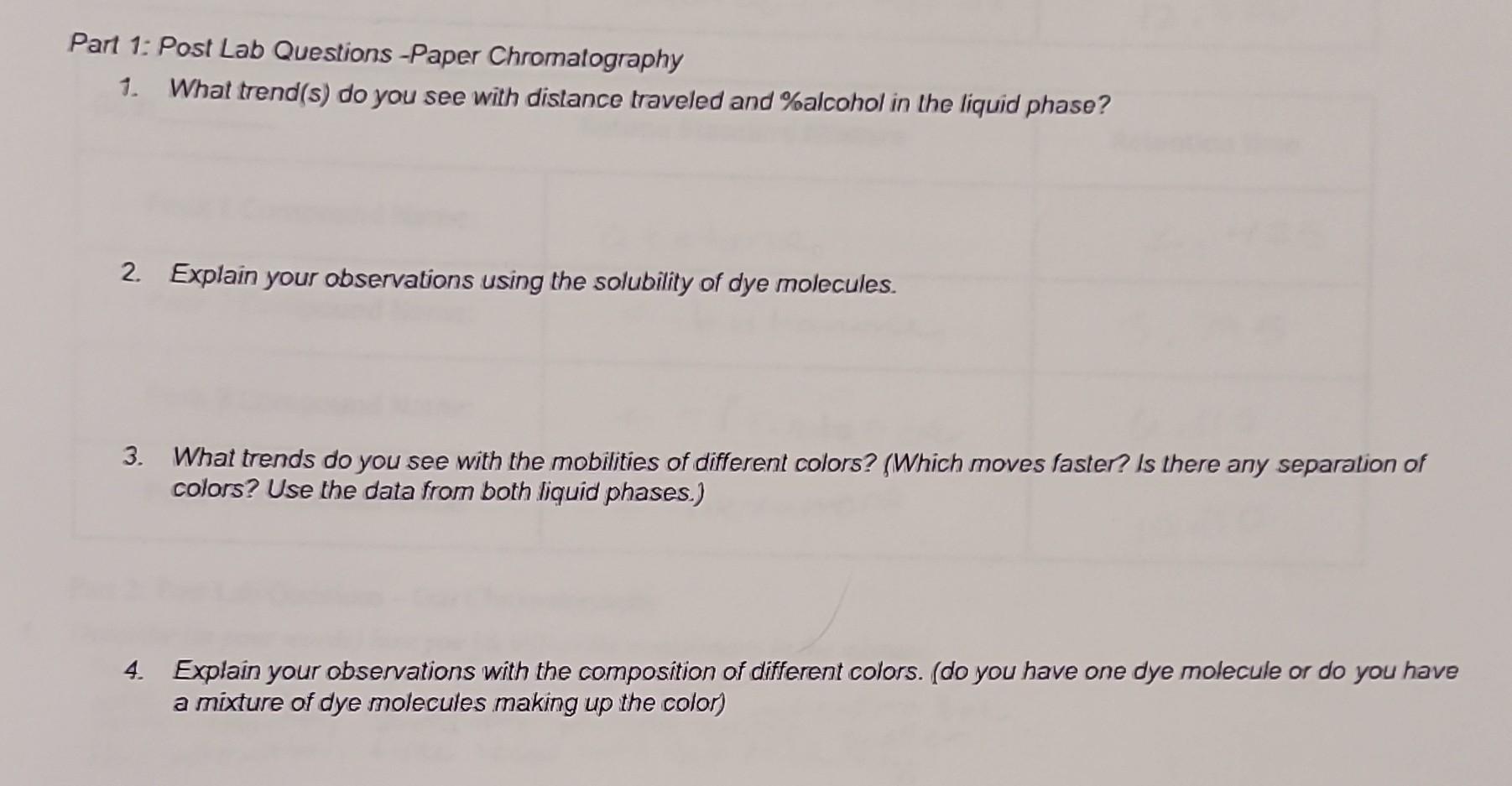 Solved Part 1: Post Lab Questions -Paper Chromatography 1. | Chegg.com