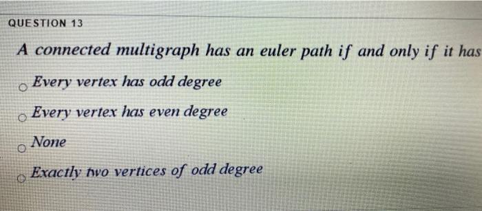 Solved QUESTION 13 A connected multigraph has an euler path | Chegg.com
