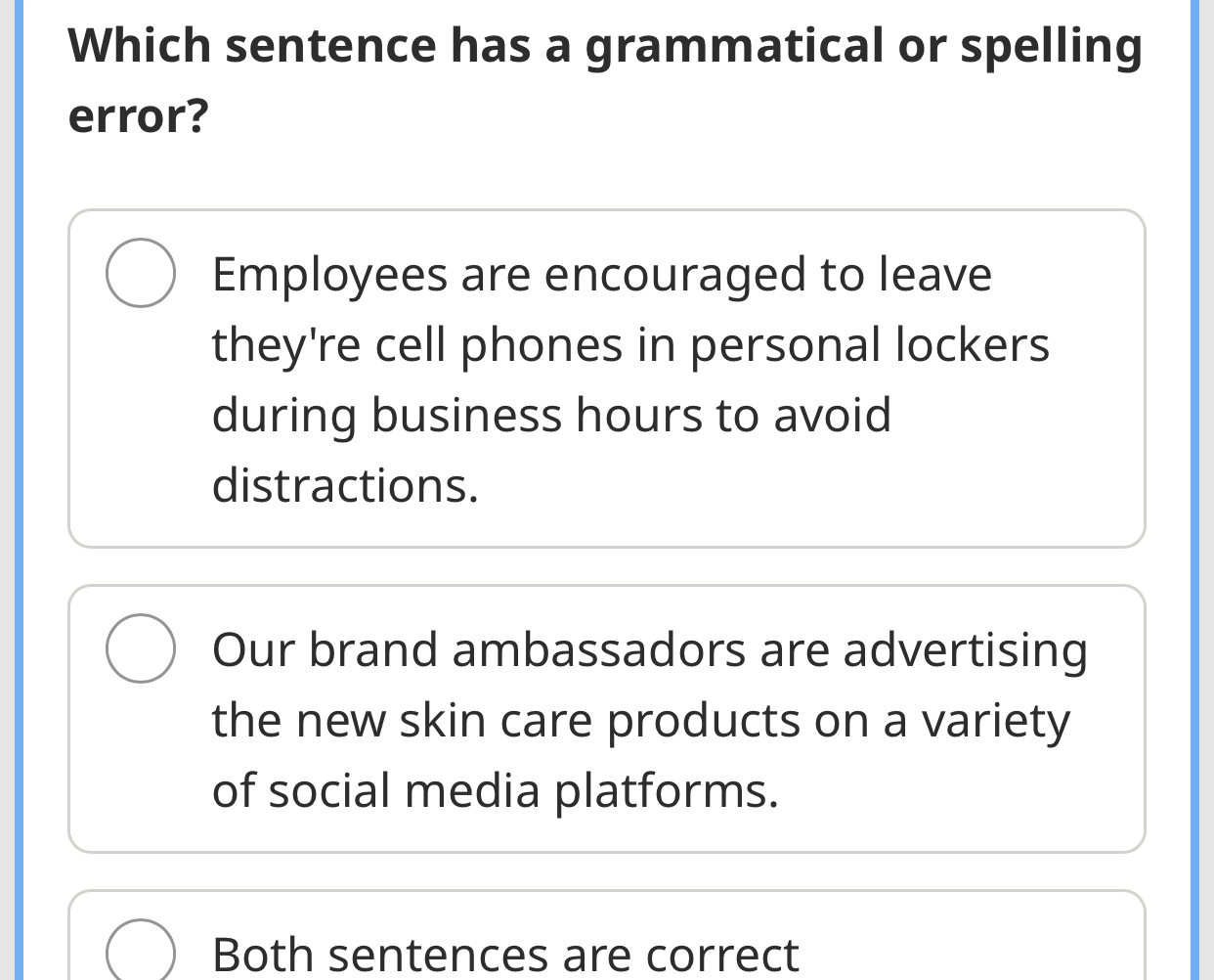 Solved Which sentence has a grammatical or spelling | Chegg.com