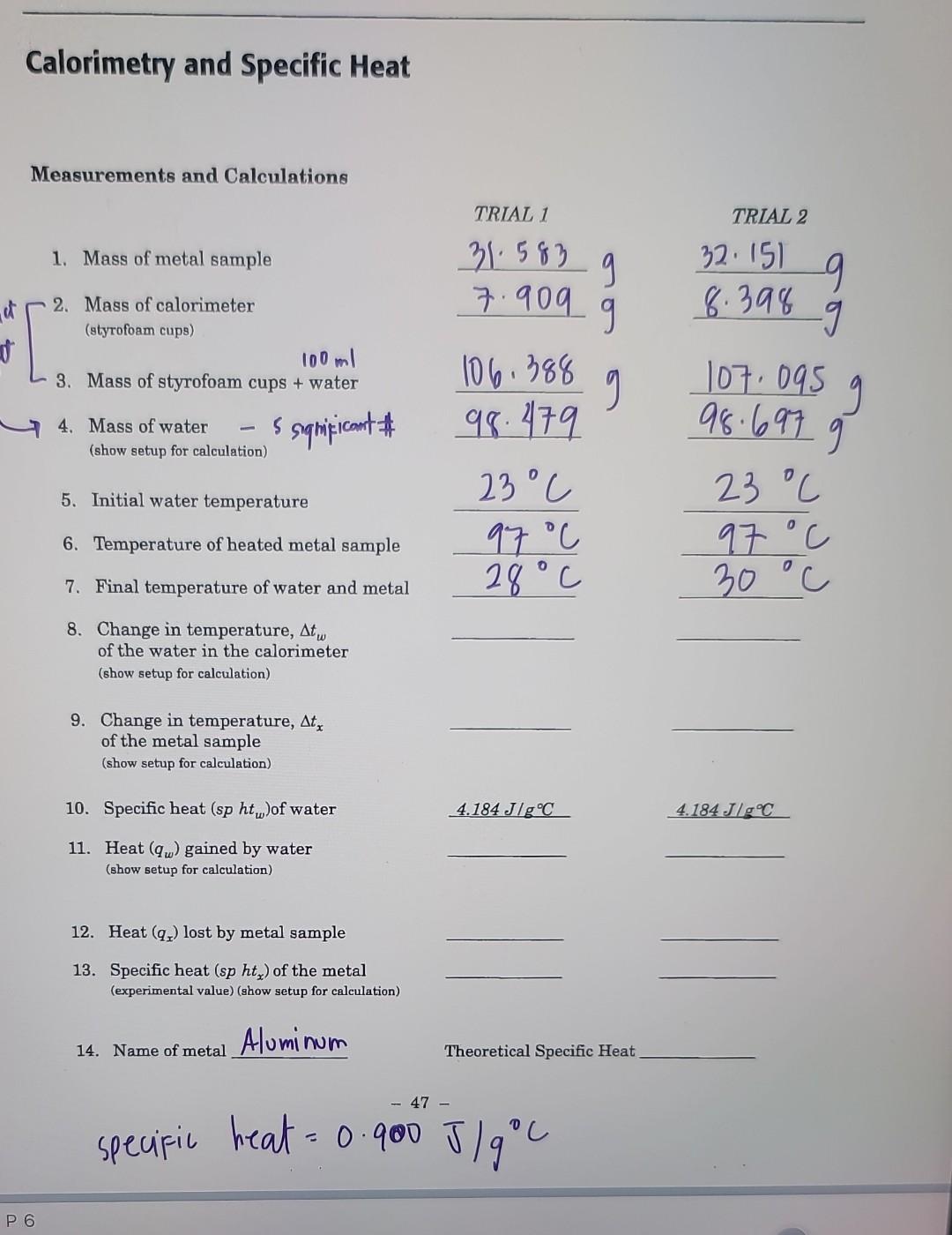 Solved Calorimetry and Specific Heat MATERIALS AND EQUTPMENT | Chegg.com