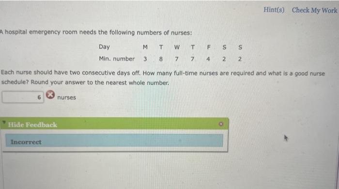 Solved Hint(s) Check My Work A hospital emergency room needs | Chegg.com