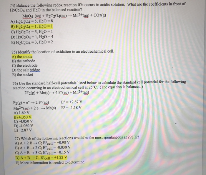 Solved 74) Balance the following redox reaction if it occurs | Chegg.com