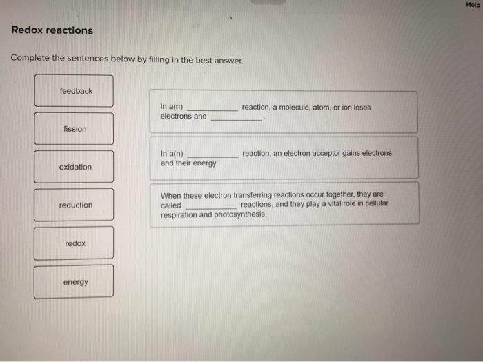 Solved Help Redox reactions Complete the sentences below by | Chegg.com
