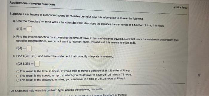 Solved Applications - Inverse Functions Justice Pare & | Chegg.com