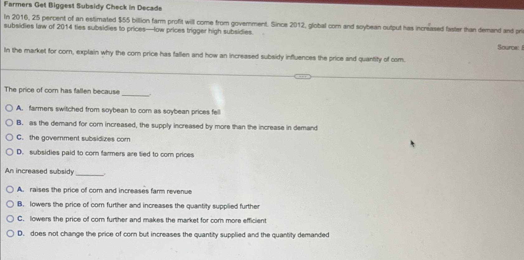 Solved Farmers Get Biggest Subsidy Check in DecadeIn | Chegg.com