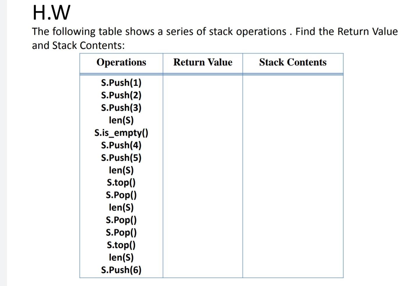 Solved H.W The following table shows a series of stack | Chegg.com