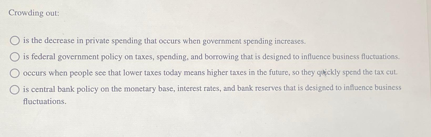 Crowding out:is the decrease in private spending that | Chegg.com