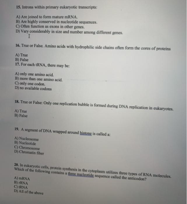 Solved 15. Introns within primary eukaryotic transcripts: A) | Chegg.com