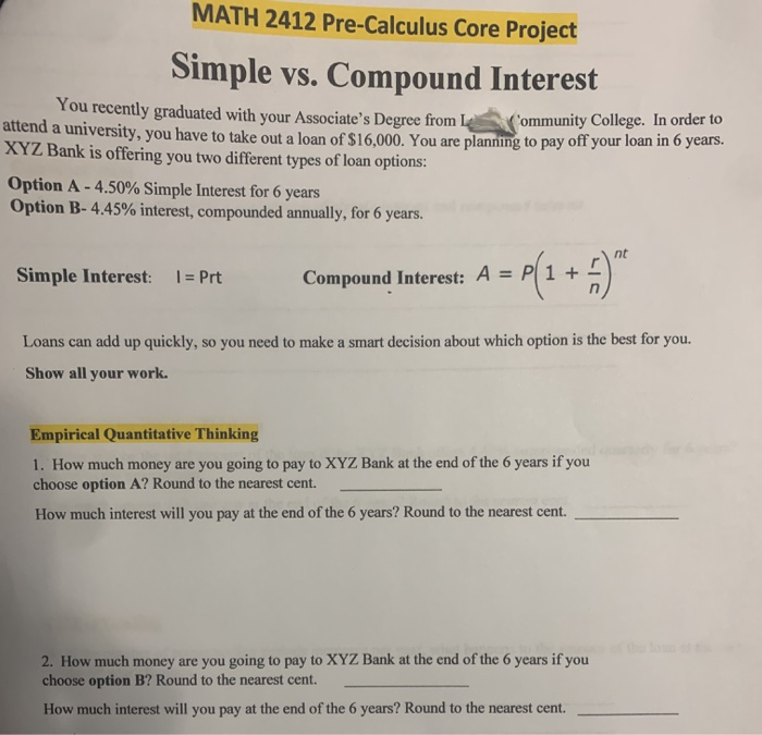 Solved MATH 2412 Pre-Calculus Core Project Simple vs. | Chegg.com