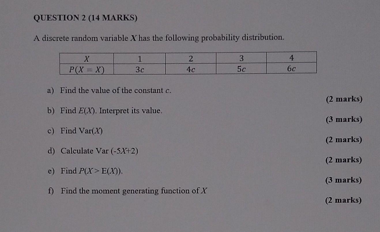 Solved QUESTION 2 (14 MARKS) A discrete random variable X | Chegg.com