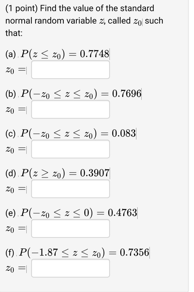 Solved (1 point) Find the value of the standard normal | Chegg.com