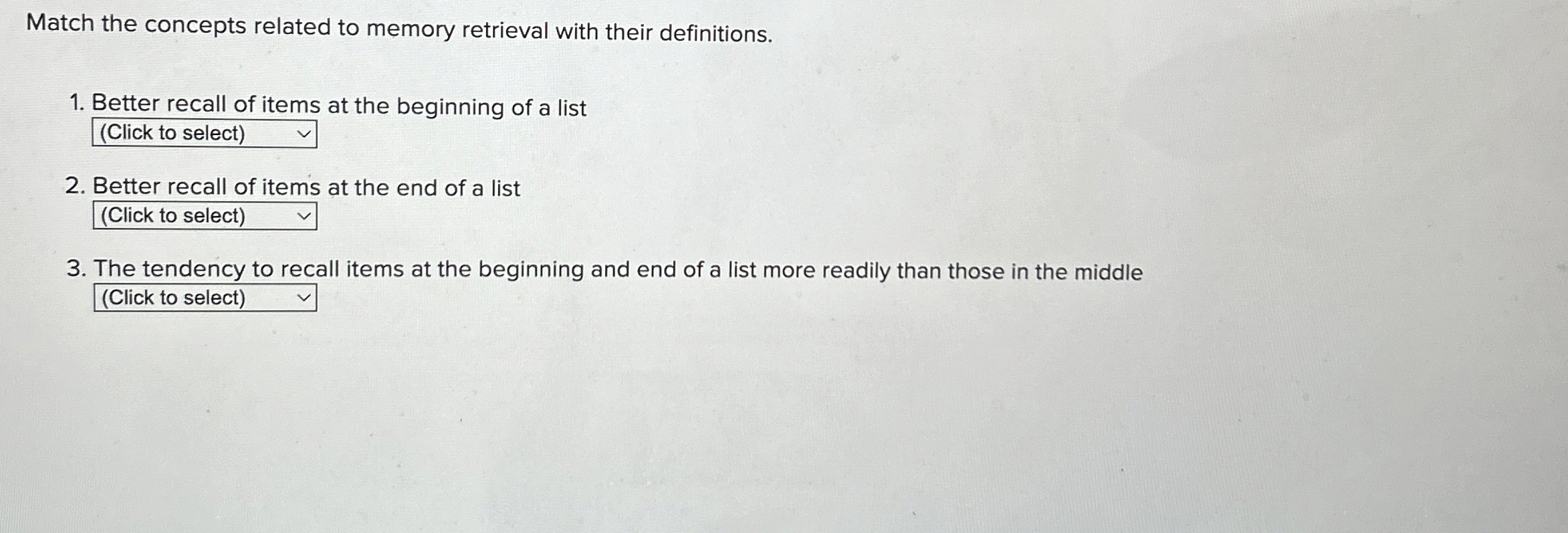 Solved Match the concepts related to memory retrieval with | Chegg.com