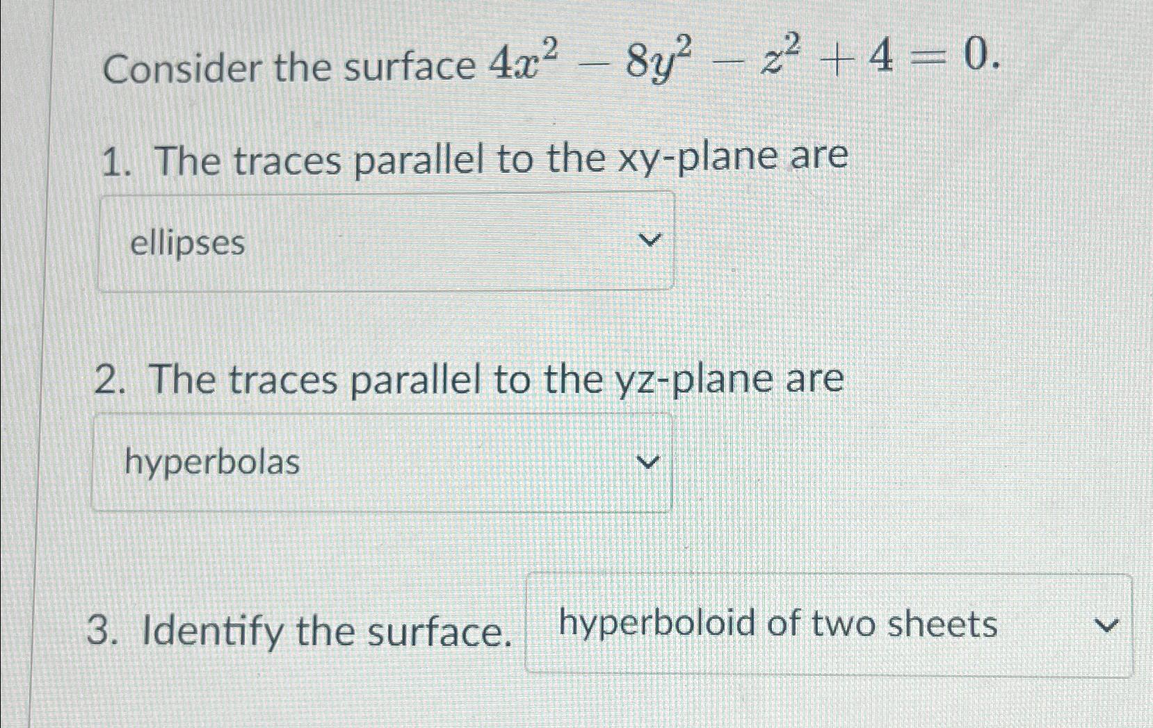 Solved Consider the surface 4x2-8y2-z2+4=0The traces | Chegg.com