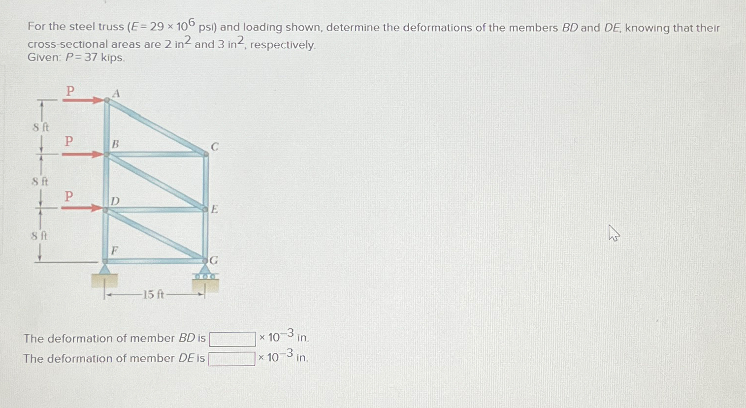 Solved For the steel truss ( E=29×106 ﻿psi) ﻿and loading | Chegg.com