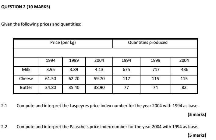 Solved Given the following prices and quantities: 2.1 | Chegg.com