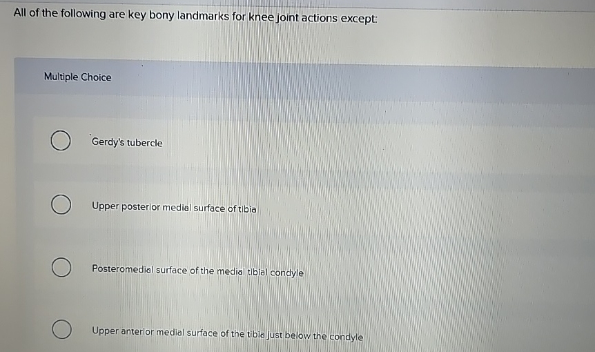 Solved All of the following are key bony landmarks for knee | Chegg.com