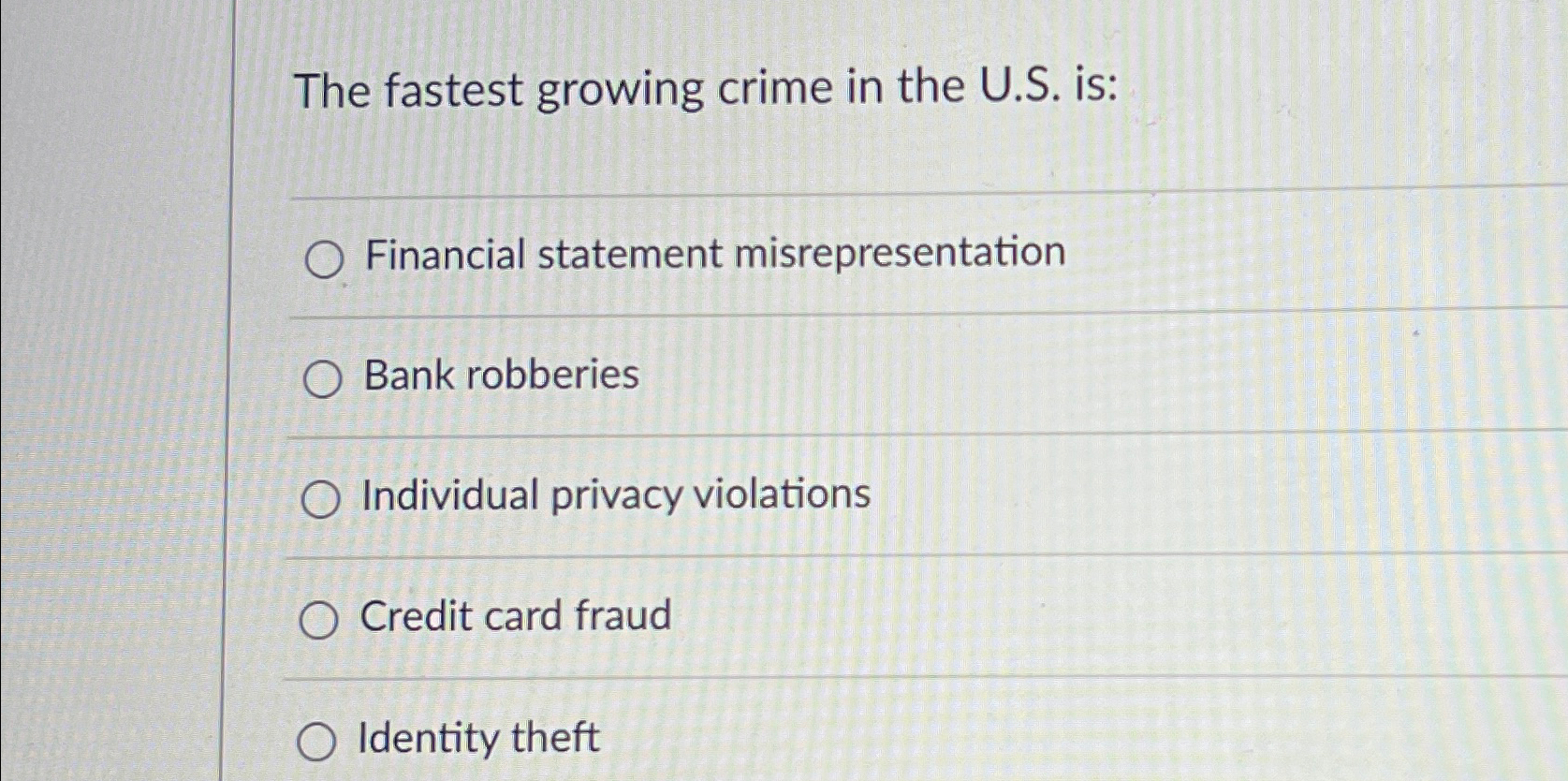 Solved The fastest growing crime in the U.S. ﻿is:Financial | Chegg.com
