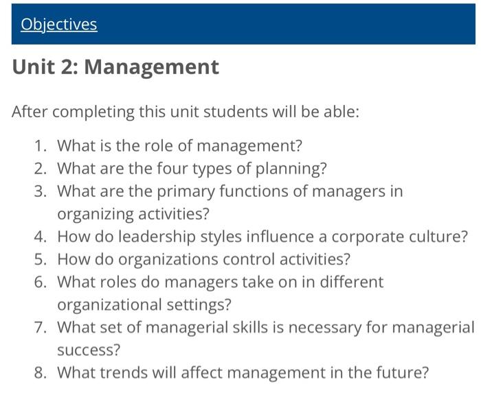 Solved Unit 2: Management After completing this unit | Chegg.com