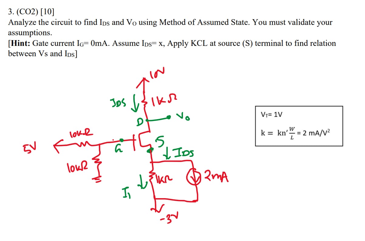 Solved (CO2)[10]Analyze the circuit to find IDS ﻿and VO | Chegg.com