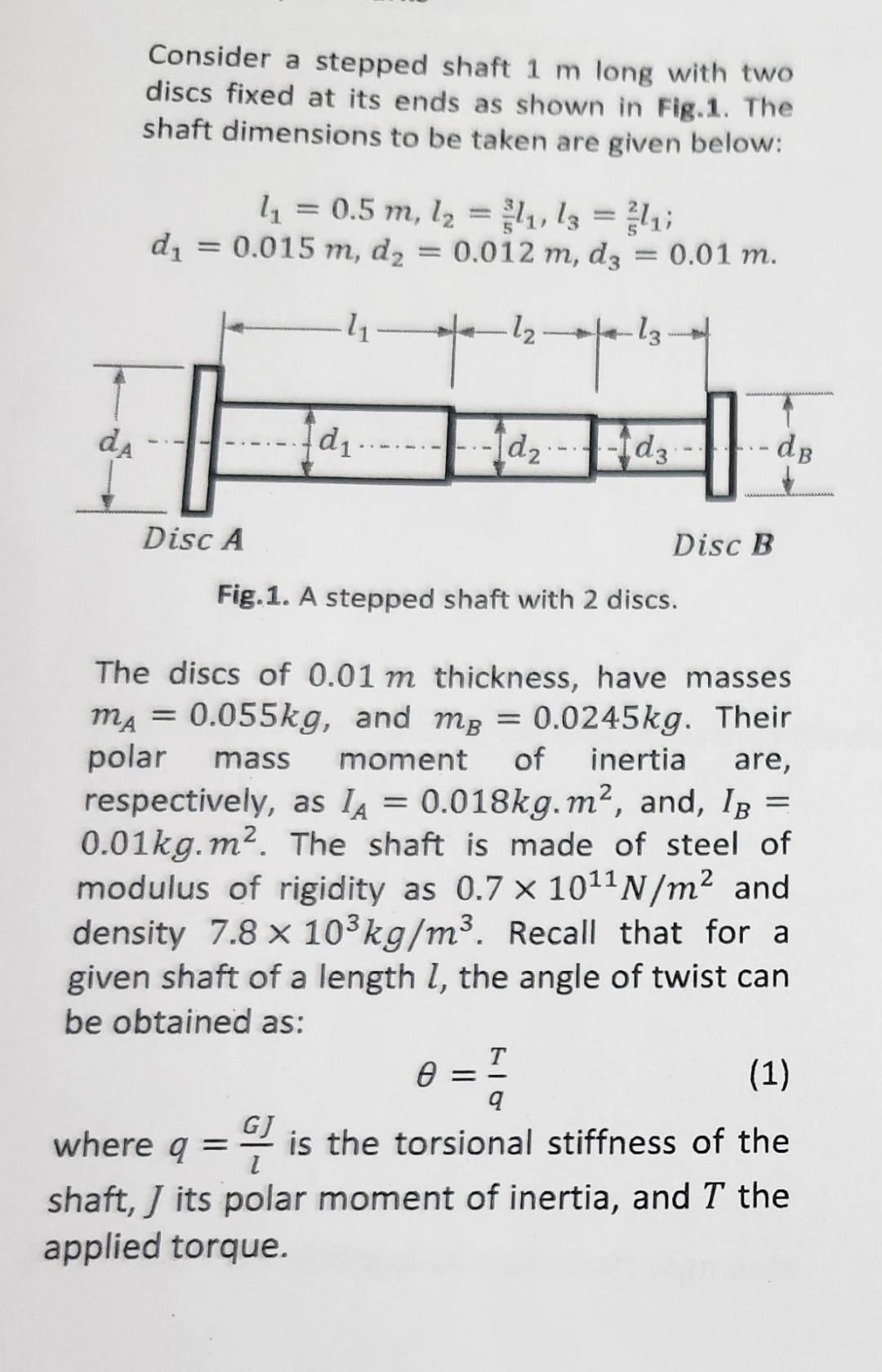 Solved Consider a stepped shaft 1 m long with two discs | Chegg.com