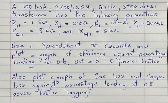 Solved A 100kVA,2500/125 V,50 Hz, step down tiansformer has | Chegg.com
