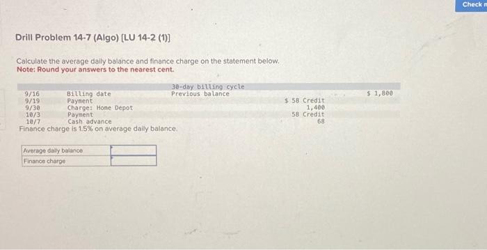Solved Calculate the average dally balance and finance | Chegg.com