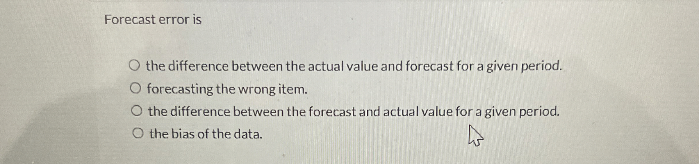 Solved Forecast error isthe difference between the actual | Chegg.com