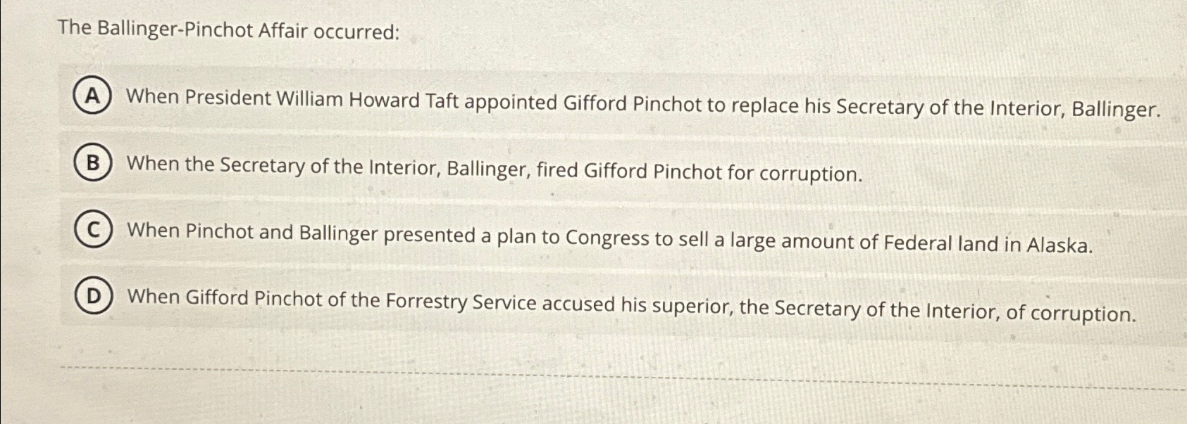 Solved The Ballinger-Pinchot Affair occurred:When President | Chegg.com
