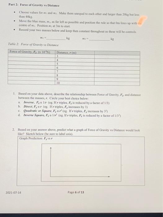 Solved . Part 2: Force of Gravity vs Distance Choose values | Chegg.com