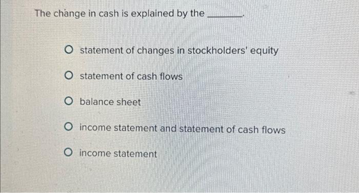 Solved The change in cash is explained by the O statement of | Chegg.com