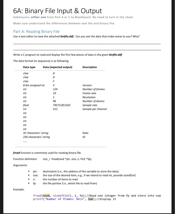 6A: Binary File Input & Output Submission: either one | Chegg.com