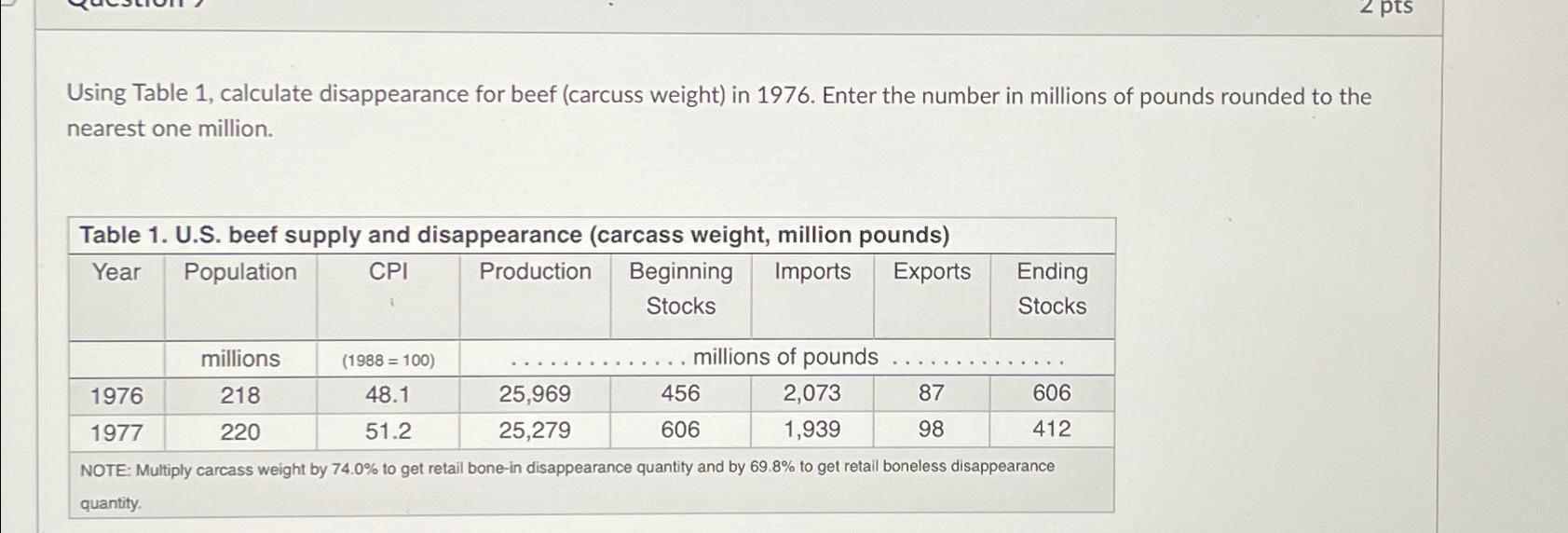 Solved Using Table 1, calculate disappearance for beef | Chegg.com Solved Using Table 1, calculate disappearance for beef | Chegg.com