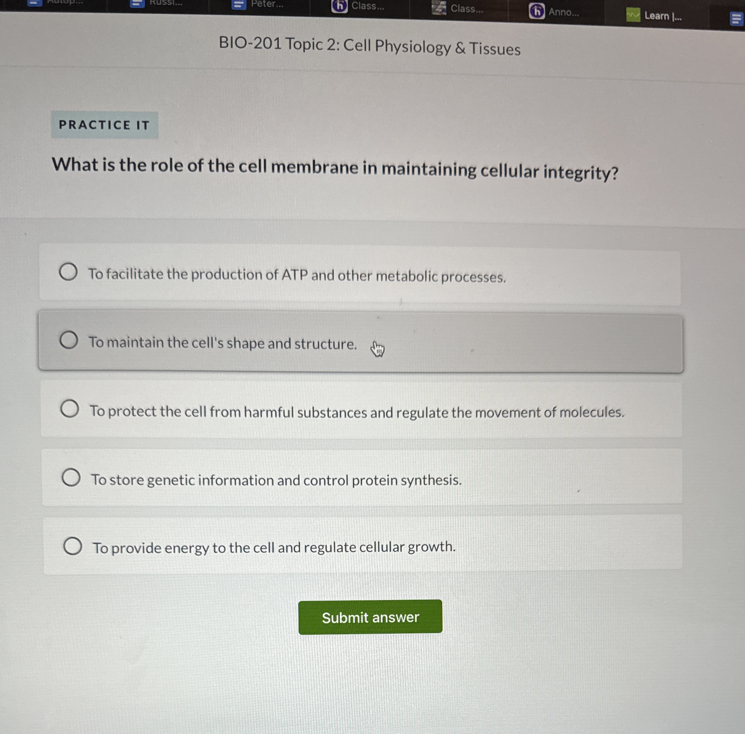 Solved BIO-201 ﻿Topic 2: Cell Physiology & | Chegg.com