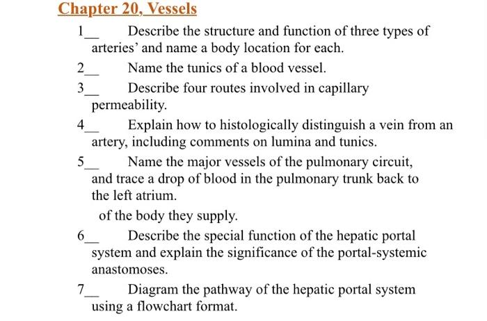 Solved Chapter 20, Vessels 1 . Describe the structure and | Chegg.com