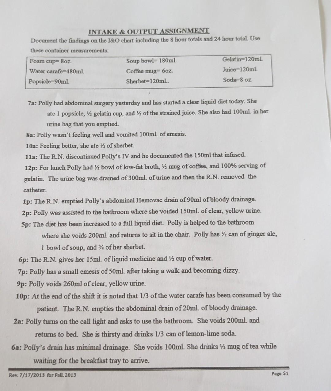 Solved INTAKE \& OUTPUT ASSIGNMENT Document the findings on | Chegg.com