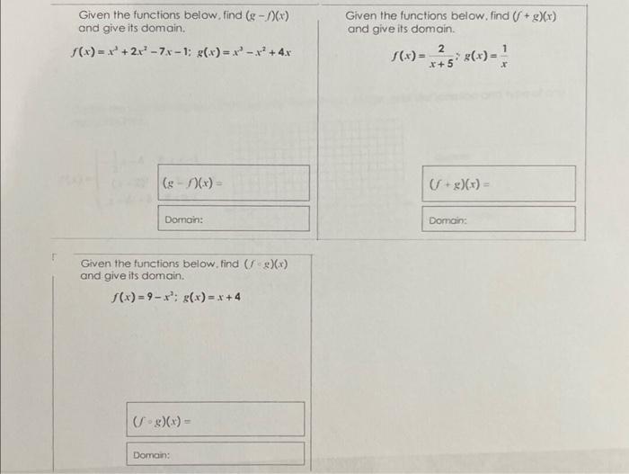 Solved Given the functions below, find (g−I)(x) and give its | Chegg.com