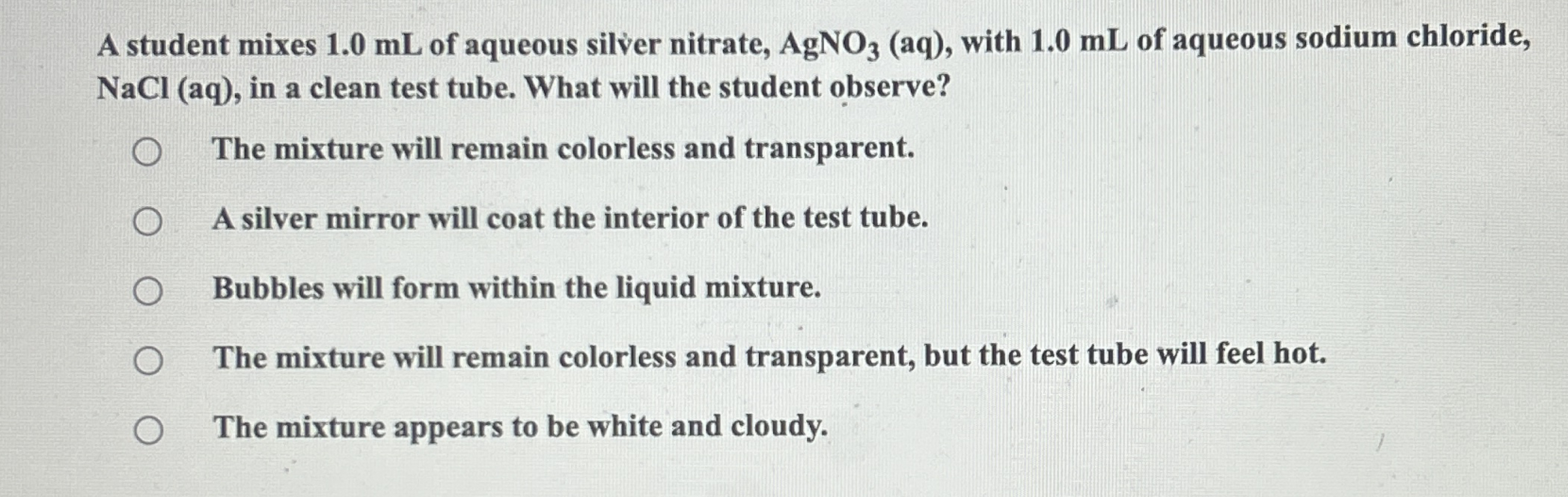 Solved A student mixes 1.0 ﻿mL of aqueous silv̀er nitrate, | Chegg.com